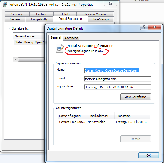 Verify the MSI signature · TortoiseSVN